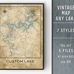 Custom Vintage Style Lake Map, Personalized Map, Custom Map Poster, Any ...