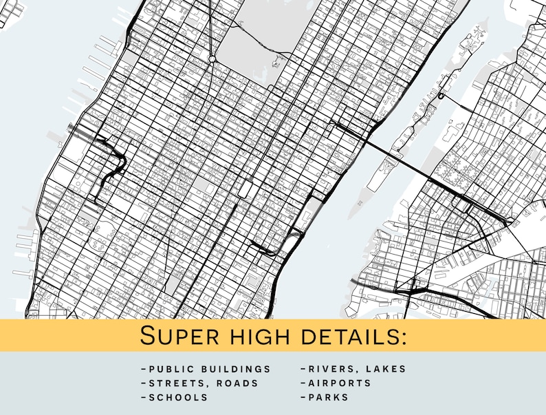 Manhattan Map, New York, United States USA City Map With High Details ...