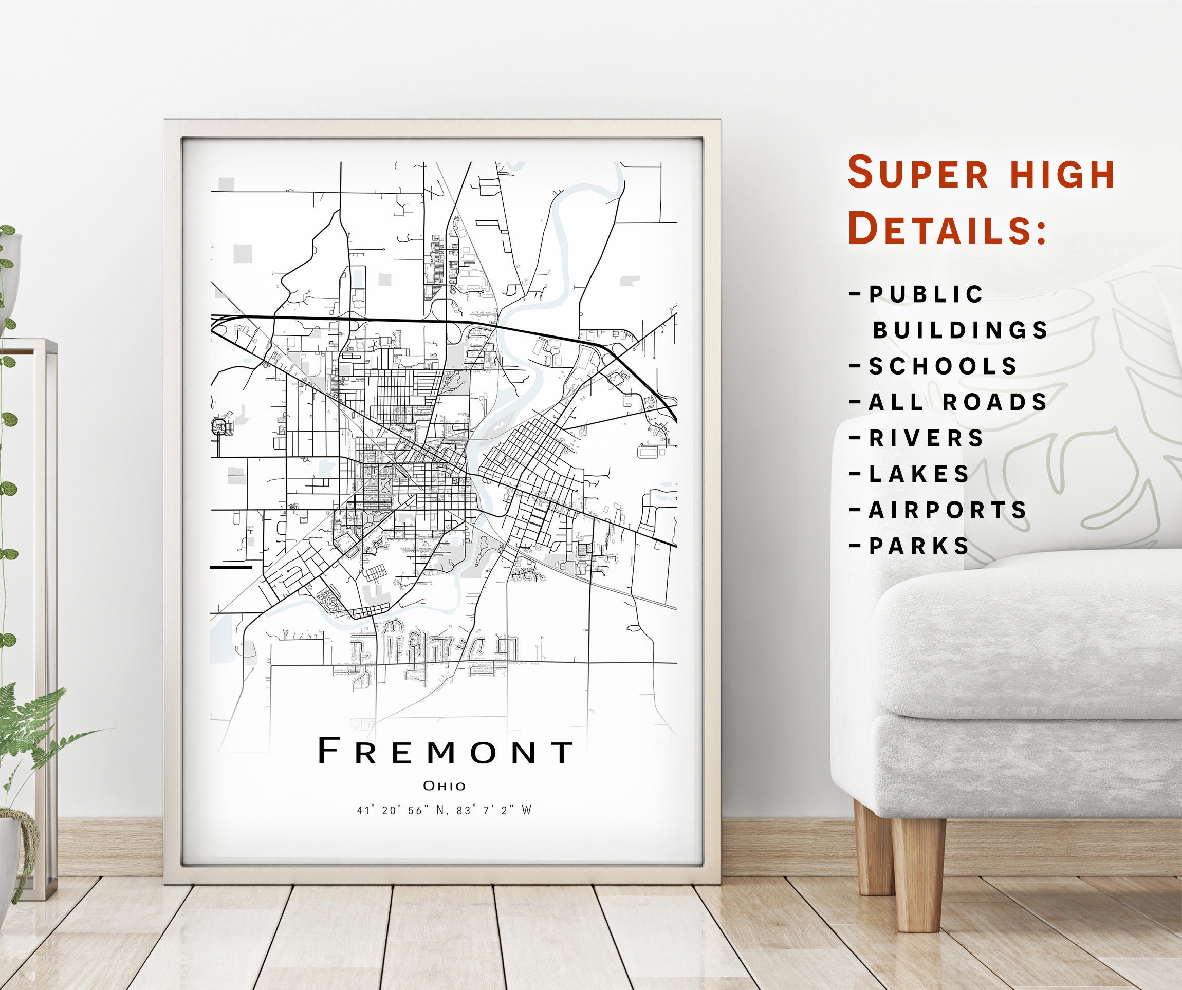 Fremont Map Ohio OH City Map With High Details (Download Now) - Etsy