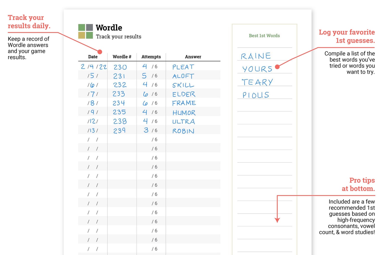 Wordle Worksheets | Game Strategy Helper, | Daily Log, Tracker ...