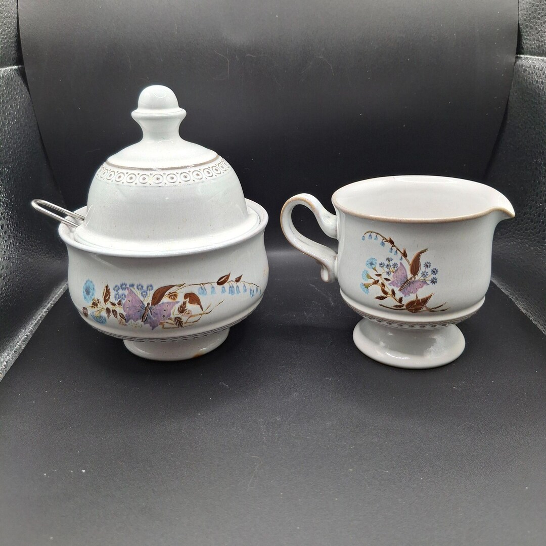 Denby England Pottery Creamer Sugar Bowl W/lid/spoon Floral Butterfly ...