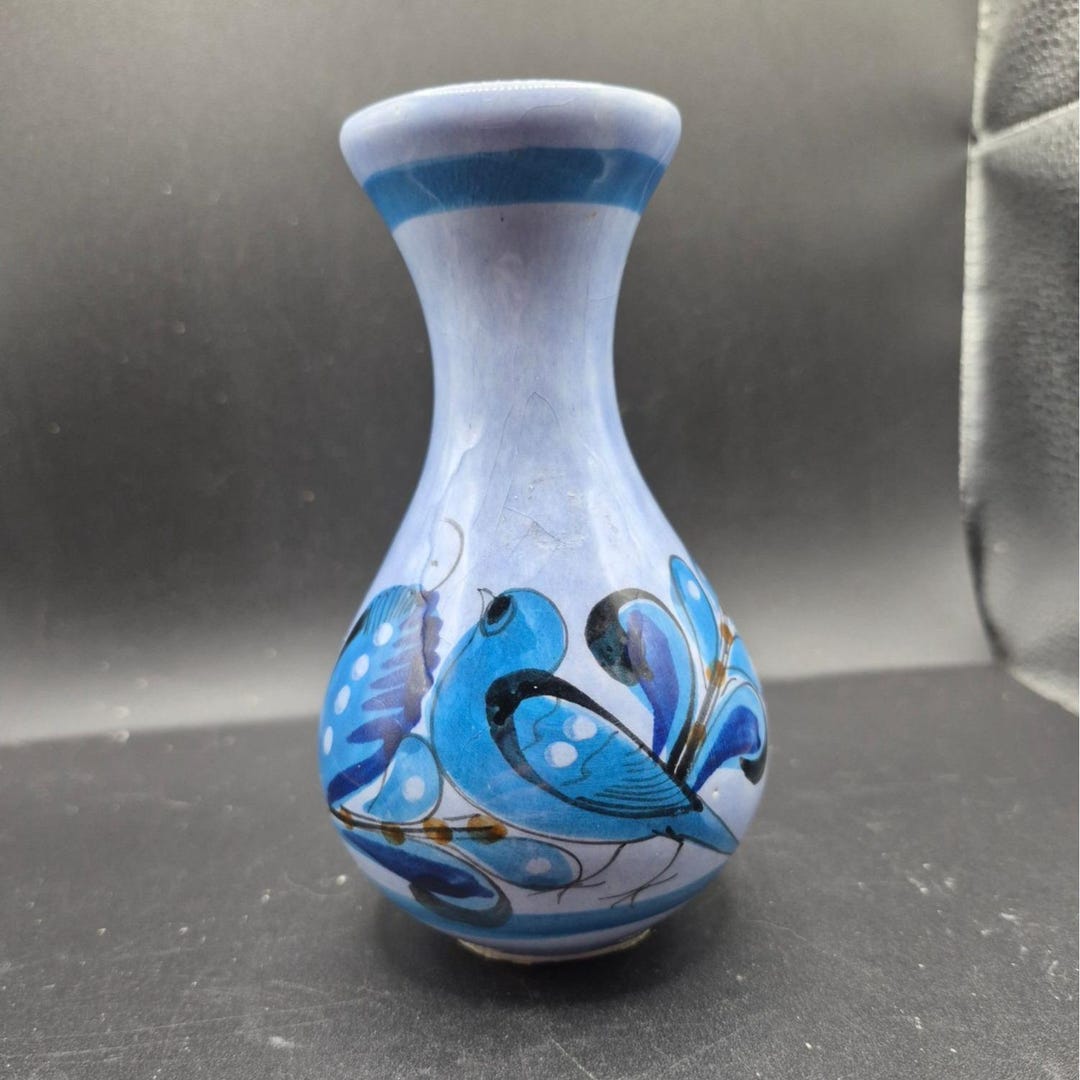 Hand-painted Ceramic Blue Bird Vase Signed by Artist 5.5