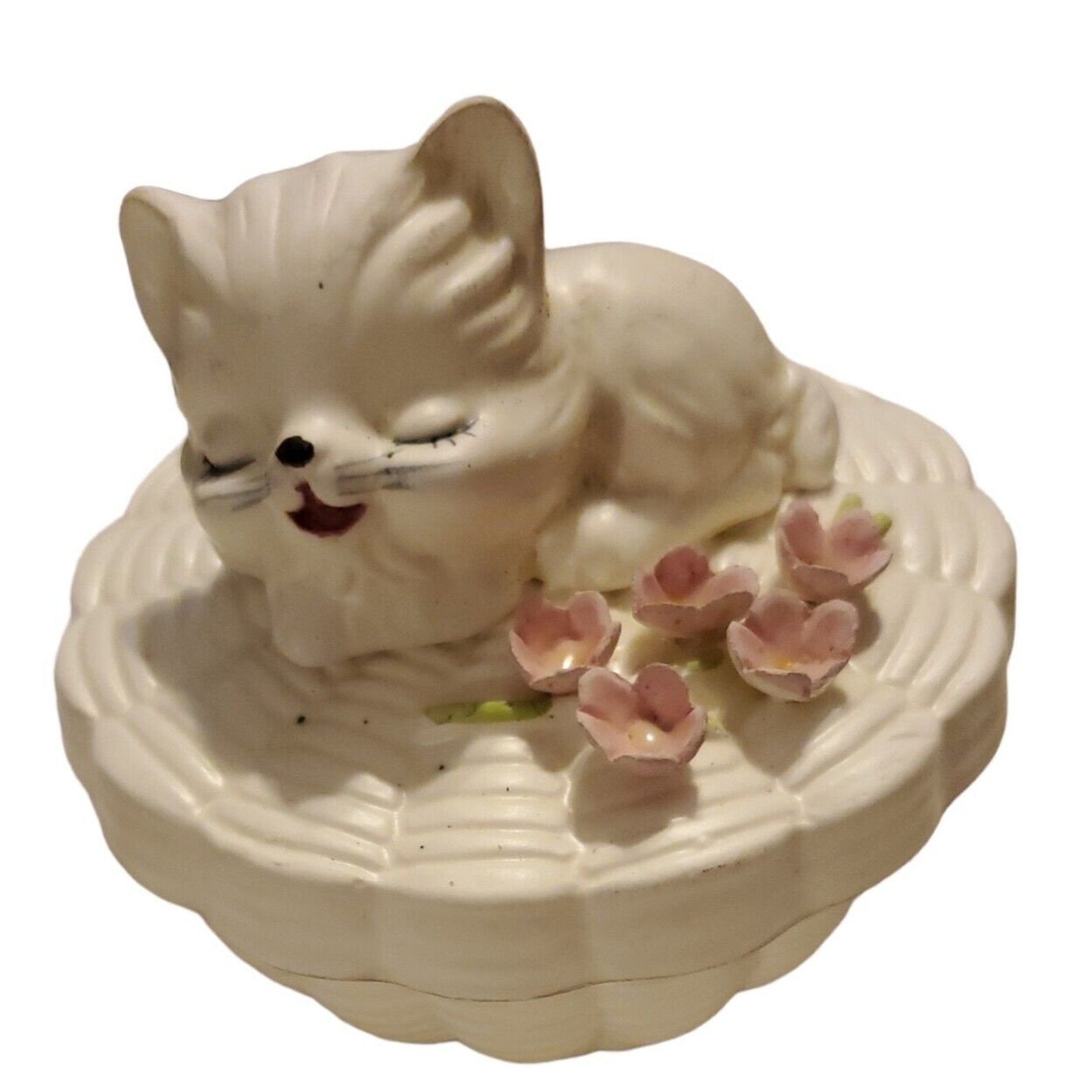 Lefton Cat Figurine Basket Weave Trinket Box White Kitten Pink Flowers ...