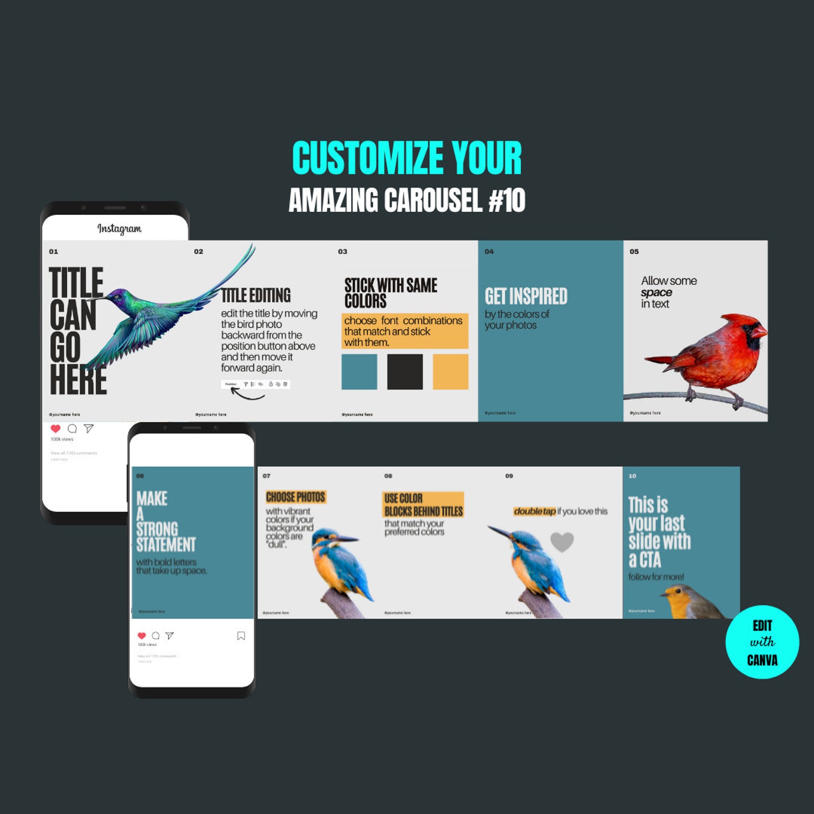 10 Slide Fully Customizable Carousel Instagram Template | Etsy