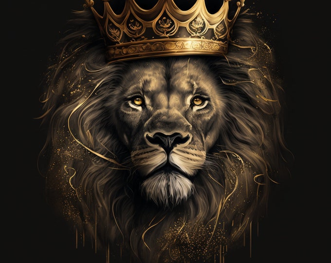 Black and Gold Lion as King With Crown True Hi Res Art Wall Art ...
