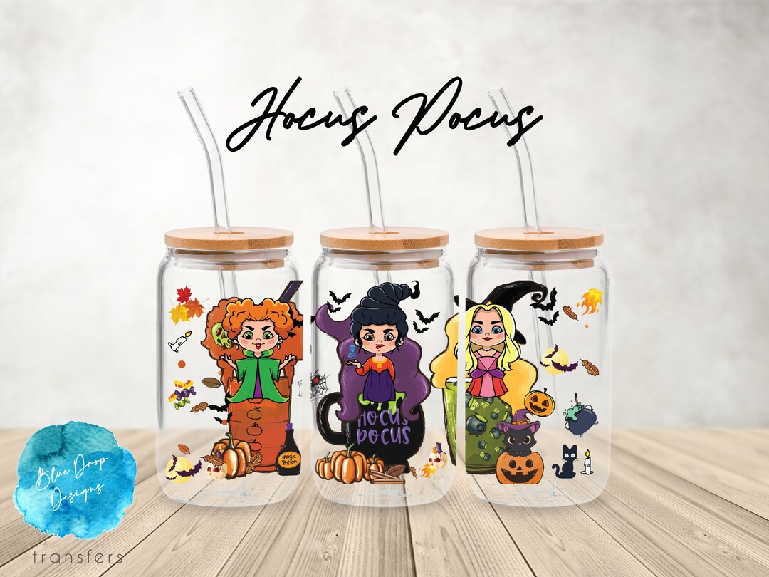 UV DTF Cup Wrap | Hocus Pocus Witches Halloween Movies | Libbey Glass Beer Can Glass 160z ...