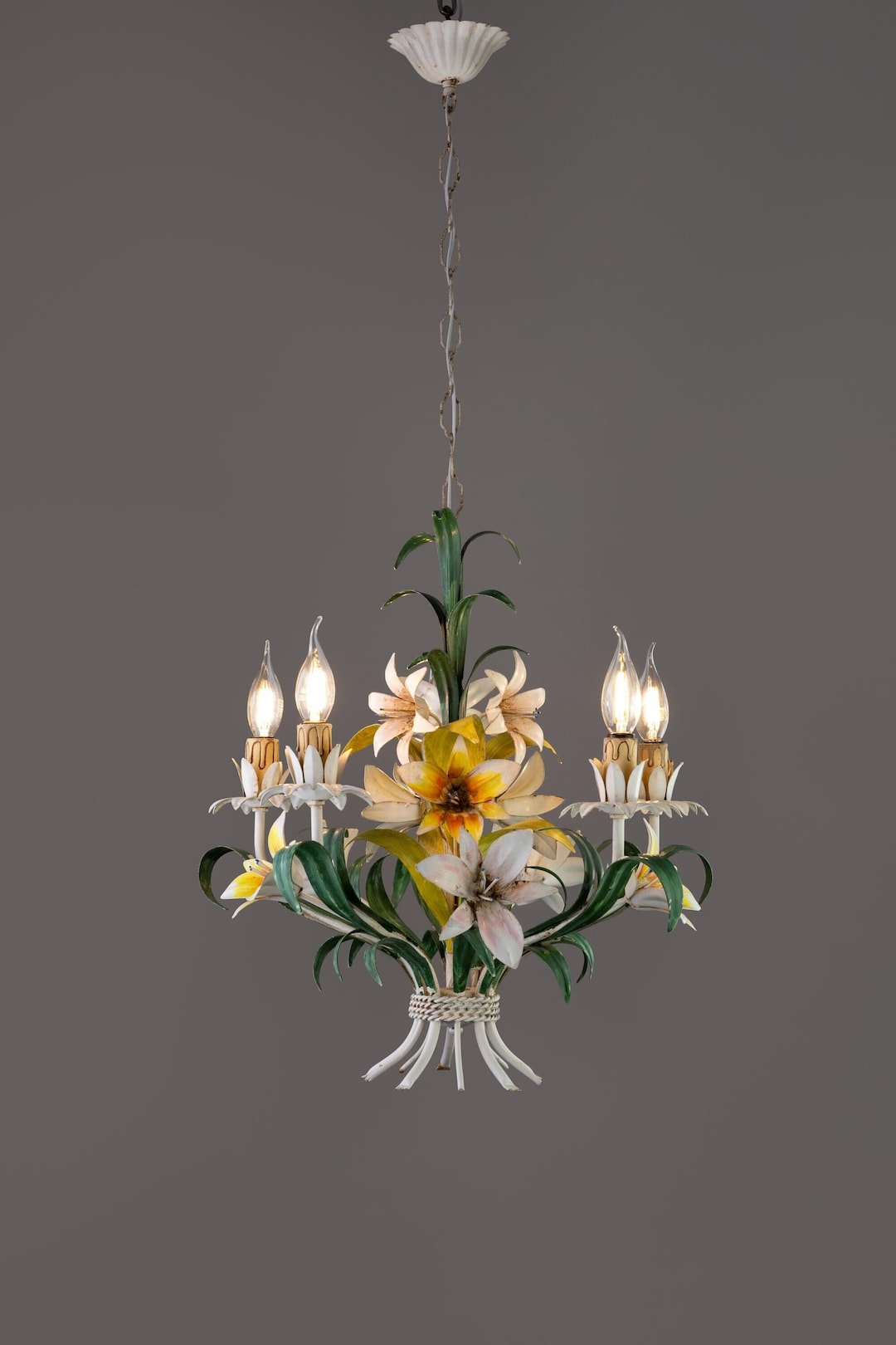 Antique Italian Tole Metal Chandelier With Flowers 1950s / Romantic ...
