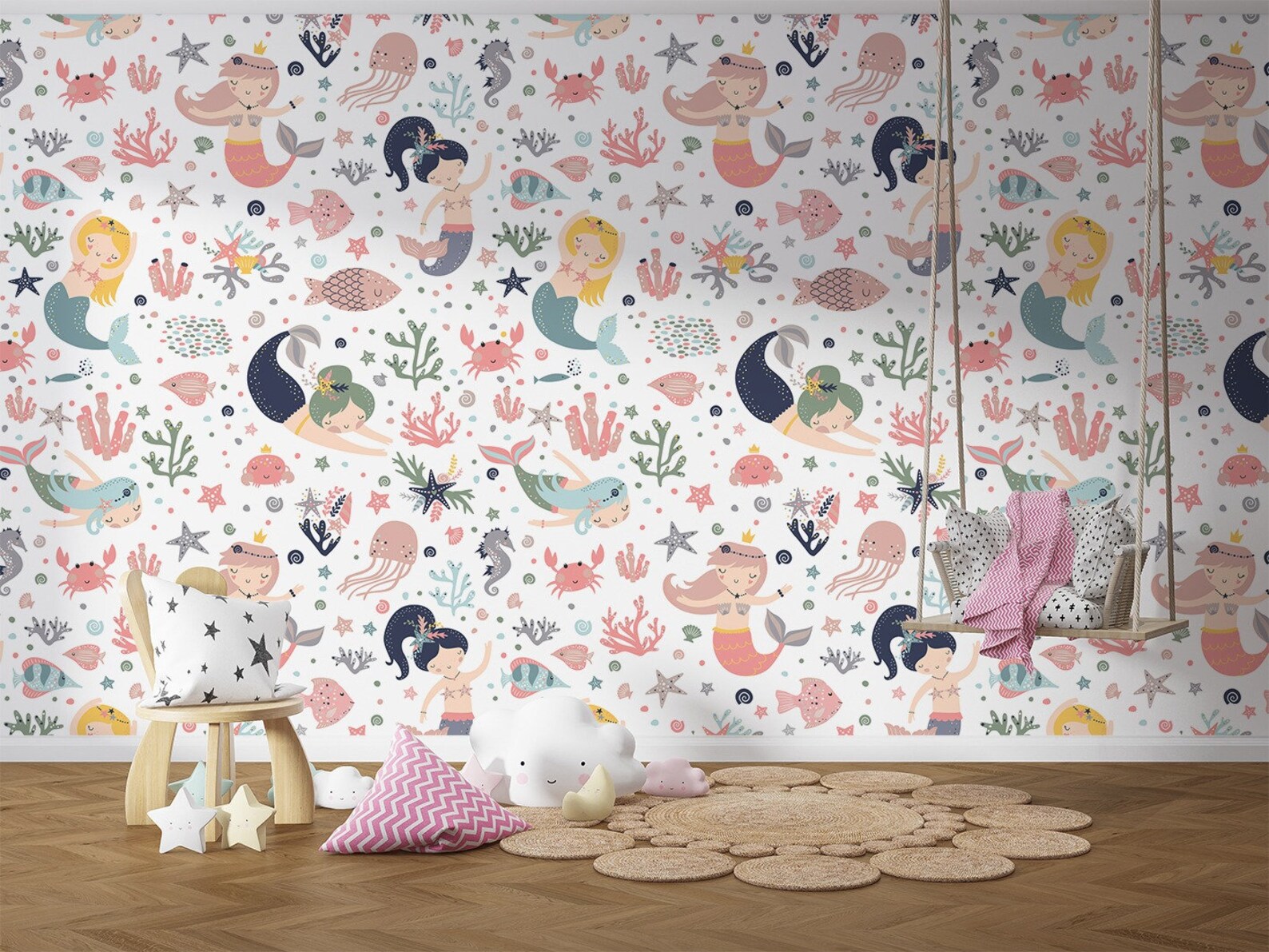 Mermaid Girls Wallpaper Nursery Wallpaper Kids Wallpaper / - Etsy