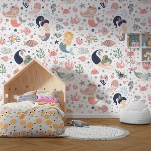 Mermaid Girls Wallpaper Nursery Wallpaper Kids Wallpaper / - Etsy