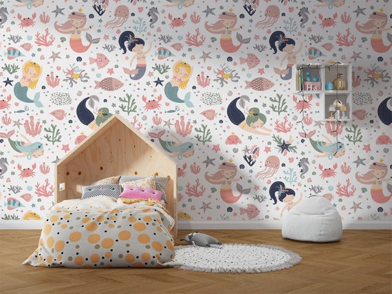 Mermaid Girls Wallpaper Nursery Wallpaper Kids Wallpaper / - Etsy