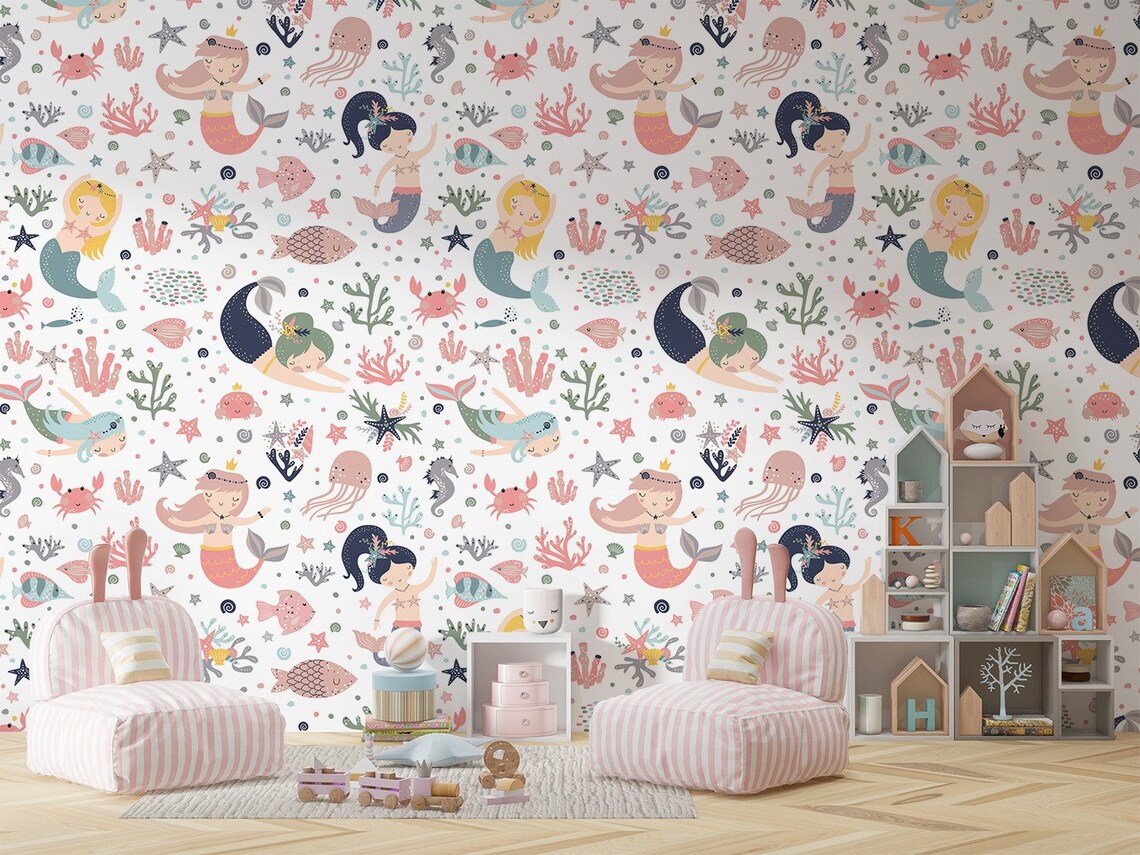 Mermaid Girls Wallpaper Nursery Wallpaper Kids Wallpaper / - Etsy