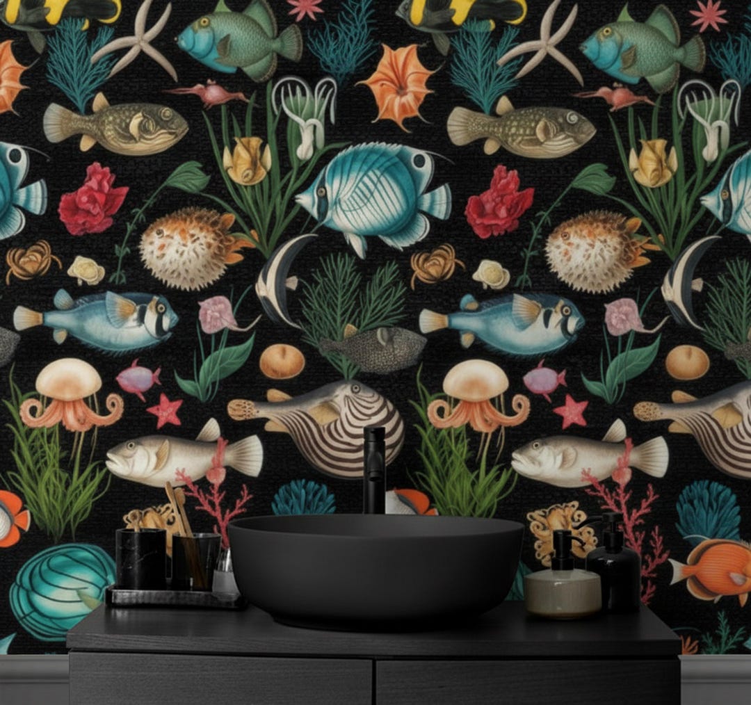 Dark Ocean Sea Life Wallpaper, Self-adhesive Peel and Stick Mural ...