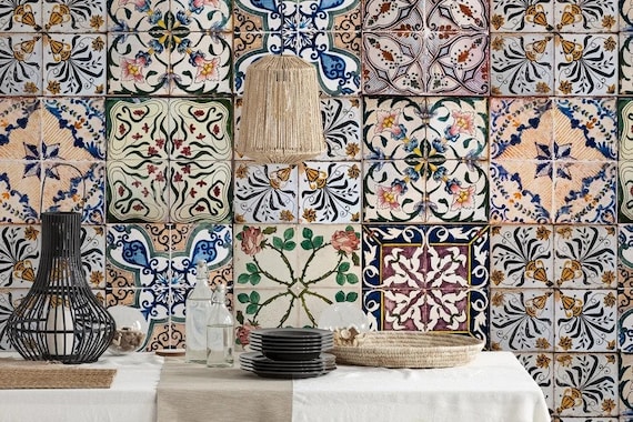 Beige Blue Moroccan Tile Wallpaper / Peel and Stick Wallpaper - Etsy