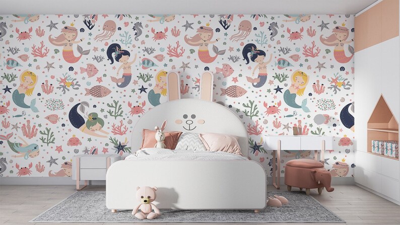 Mermaid Girls Wallpaper Nursery Wallpaper Kids Wallpaper / - Etsy
