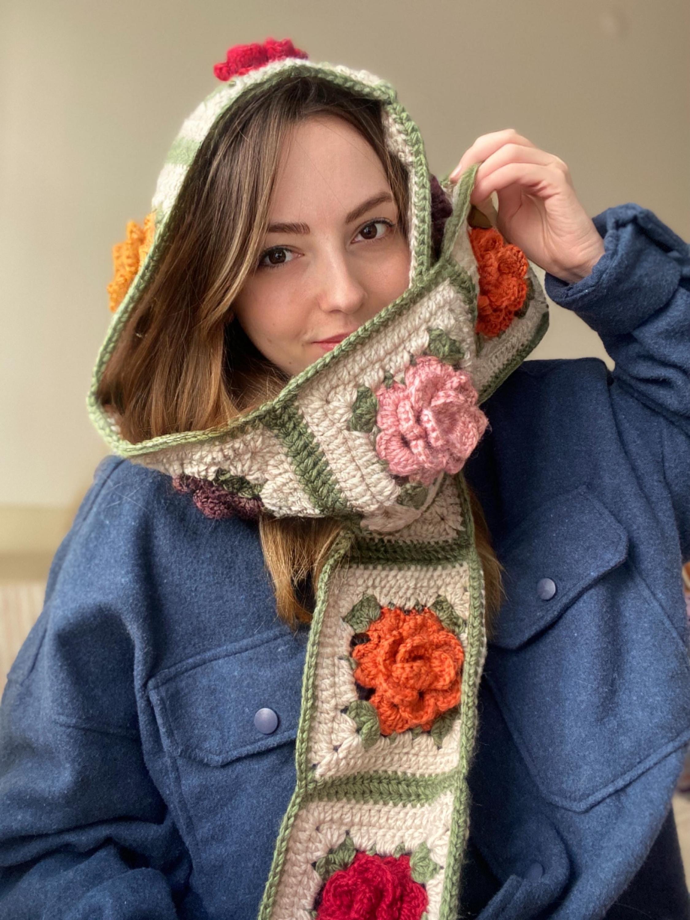 Crochet Scoodie, Crochet Rose Hood, Colorful Crochet Rose Motif ...