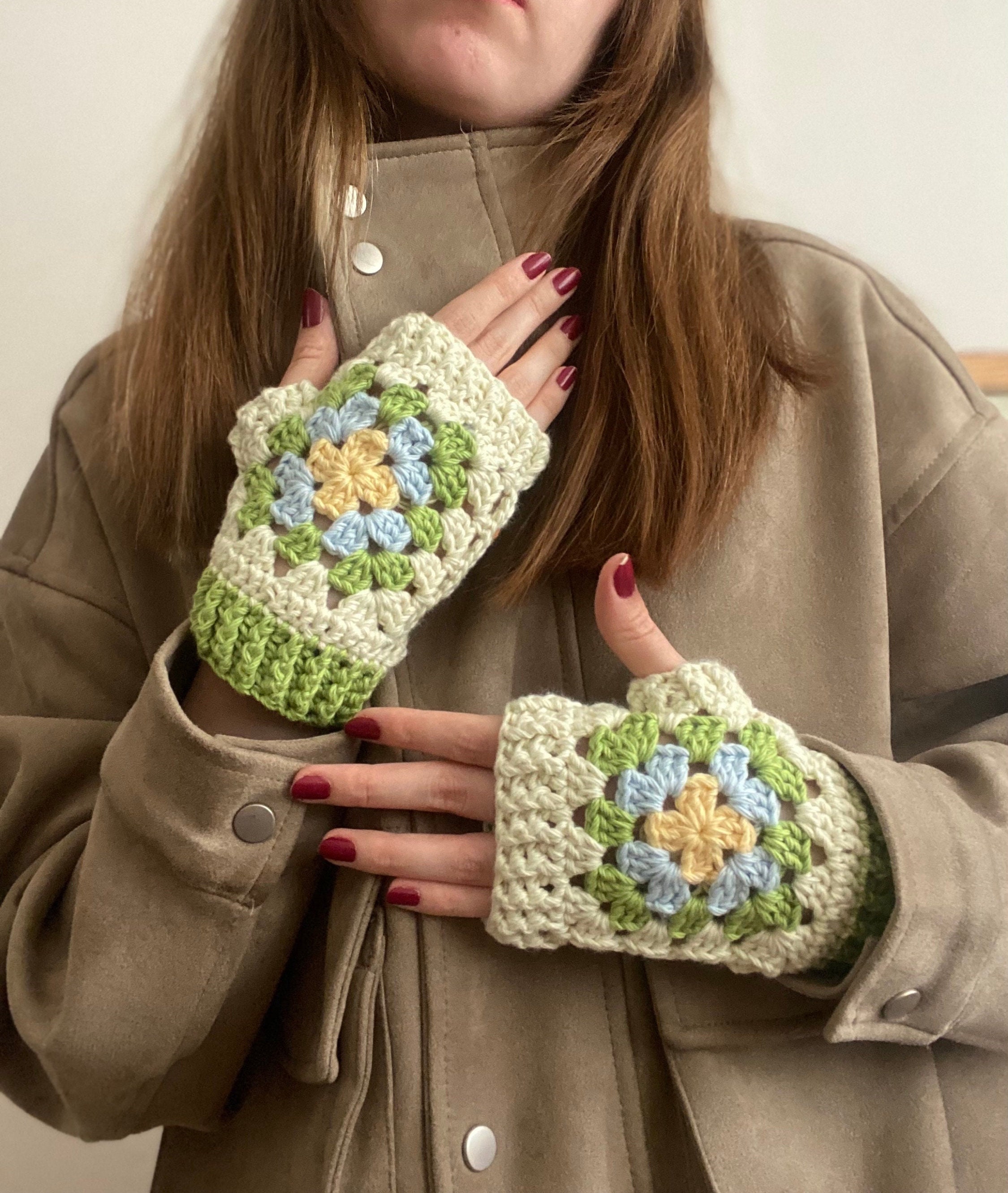 Crochet Fingerless Gloves, Granny Square Gloves, Crochet Mitten, Unisex ...