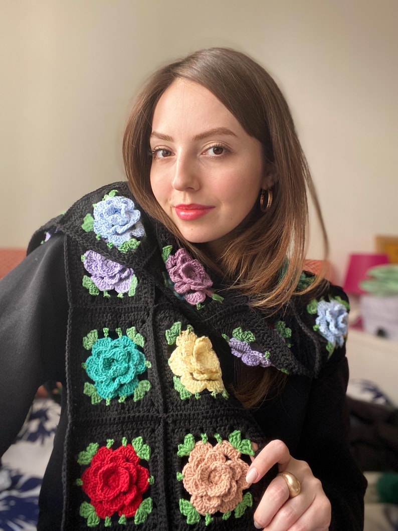Handmade Crochet Rose Scarf: 3D Floral Granny Square Shawl - Etsy