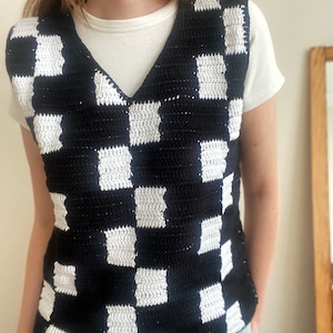 Wednesday Vest, Crochet Checkered Vest, Black and White Blocked Vest ...