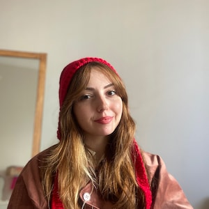 Handknit Bonnet, Red Bonnet, Bohemian Bonnet Hat, Handmade Winter Warm ...
