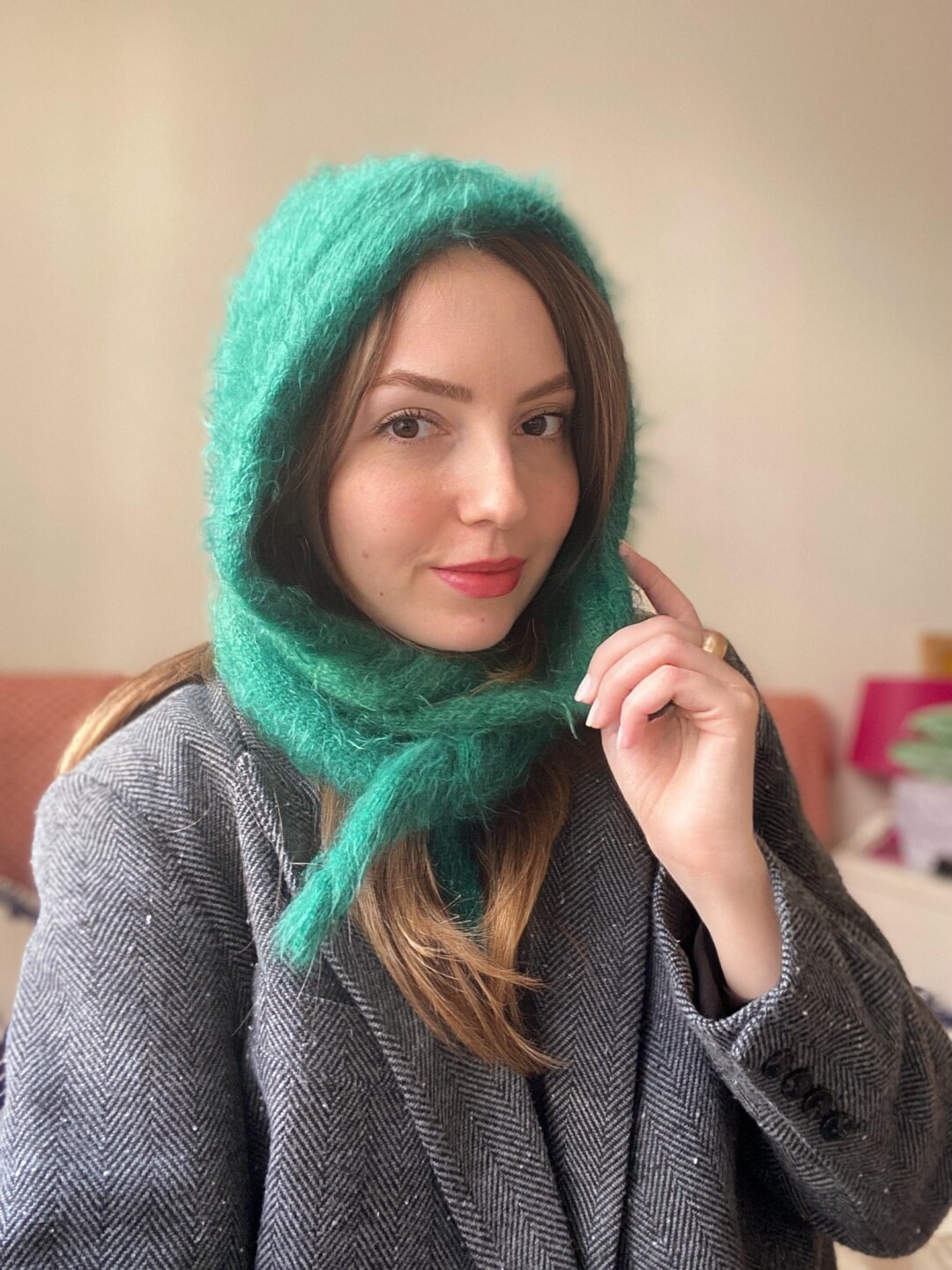 Knit Green Mohair Scoodie: Handmade Hooded Scarf - Etsy