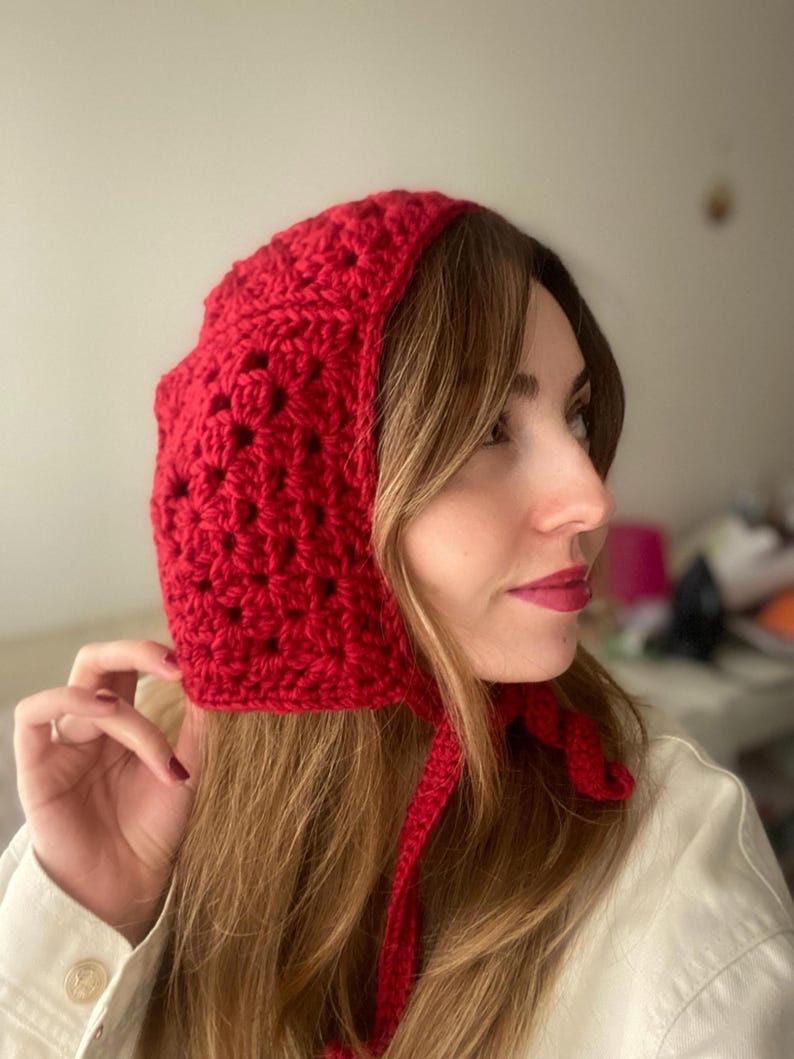 Crochet Red Bonnet, Granny Square Bonnet, Bohemian Bonnet, Handmade ...