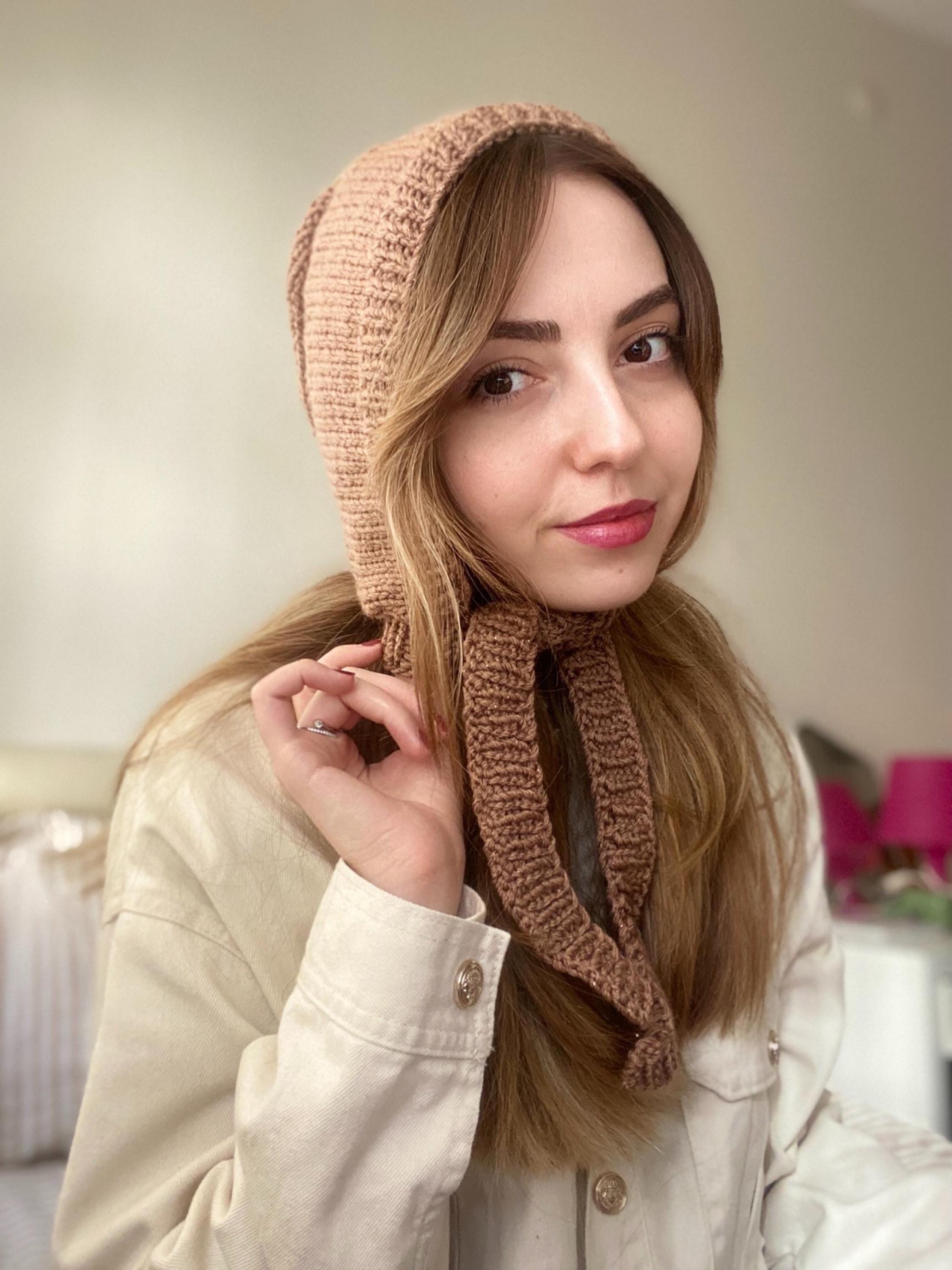 Handknit Bonnet, Tie-up Glitter Brown Bonnet, Sparkly Knit Hat, Cozy ...