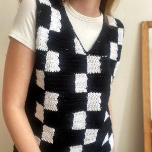 Wednesday Vest, Crochet Checkered Vest, Black and White Blocked Vest ...
