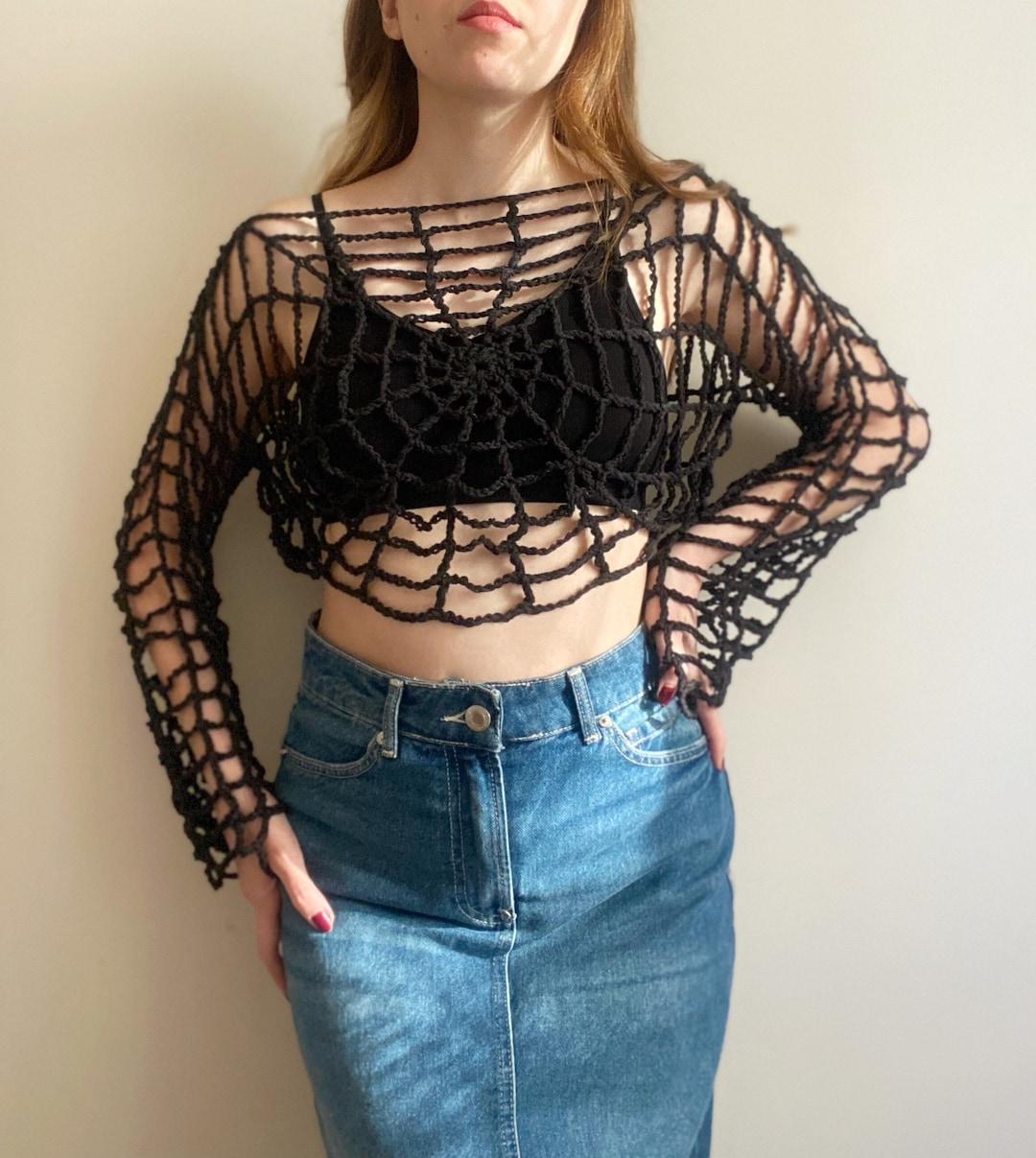 Crochet Spiderweb Crop Top, Black Halloween Spider Top, Spider Web ...