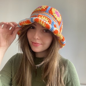 Crochet Granny Square Bucket Hat: Handknit Colorful Summer Hat ...
