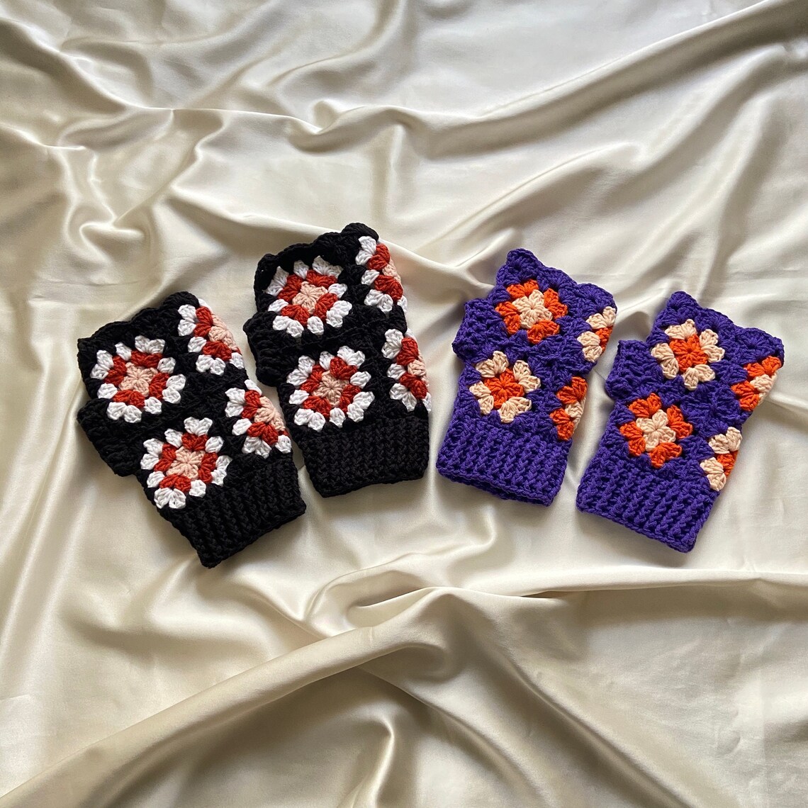 Crochet Fingerless Gloves, Granny Square Gloves, 2 Different Colors ...