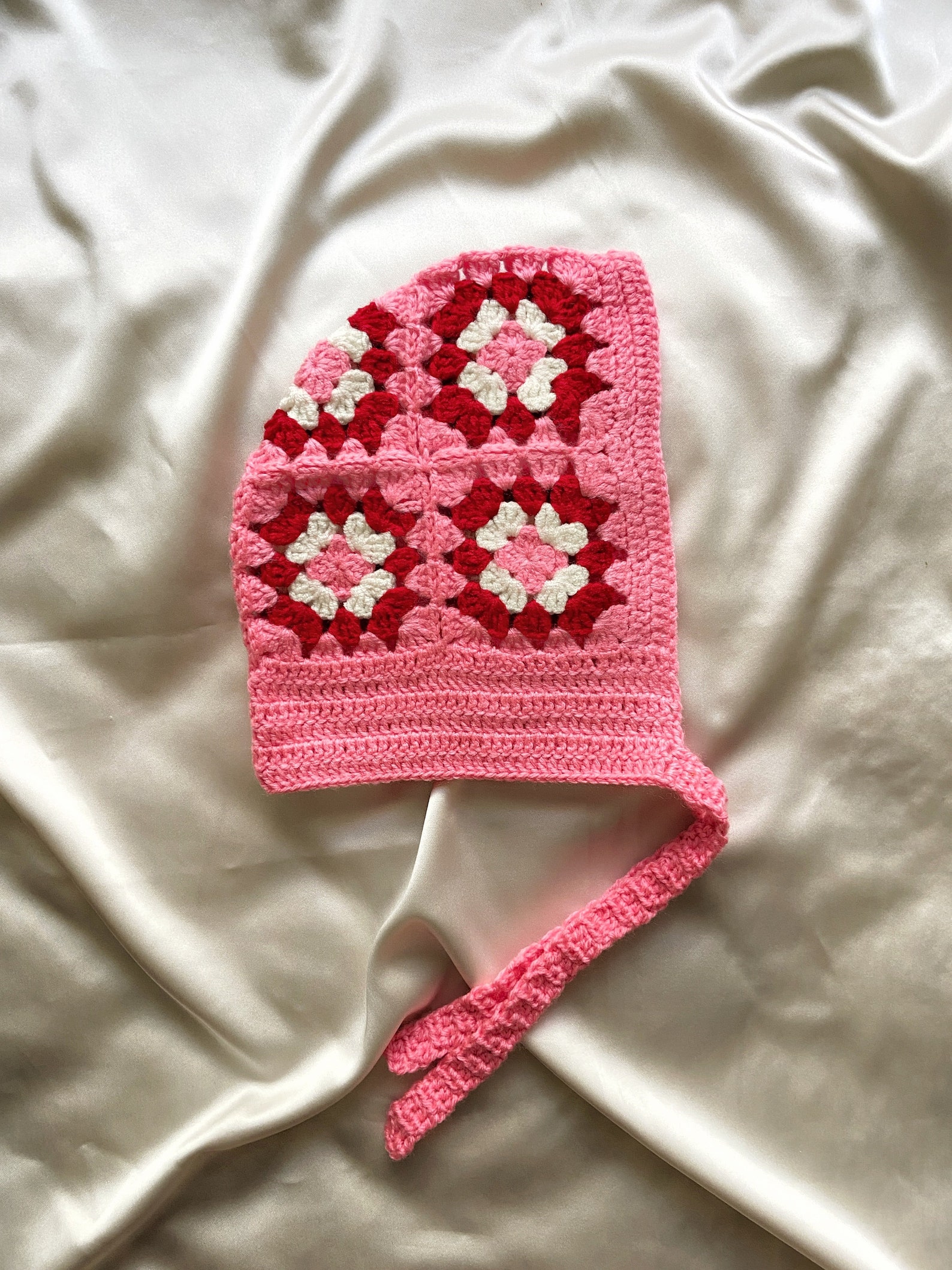 Handmade Crochet Granny Square Bonnet, Pink Bohemian Tie Hat - Etsy