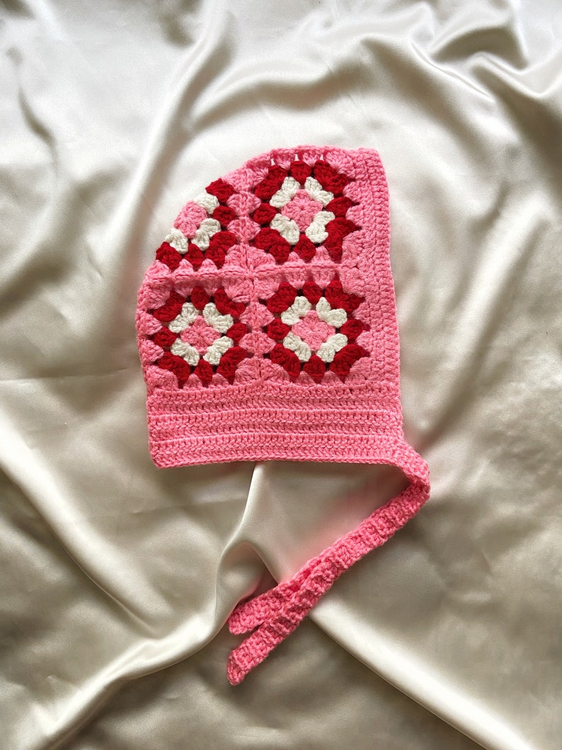 Handmade Crochet Granny Square Bonnet, Pink Bohemian Tie Hat - Etsy