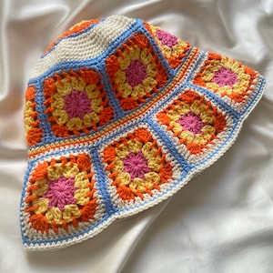 Crochet Granny Square Bucket Hat: Handknit Colorful Summer Hat ...