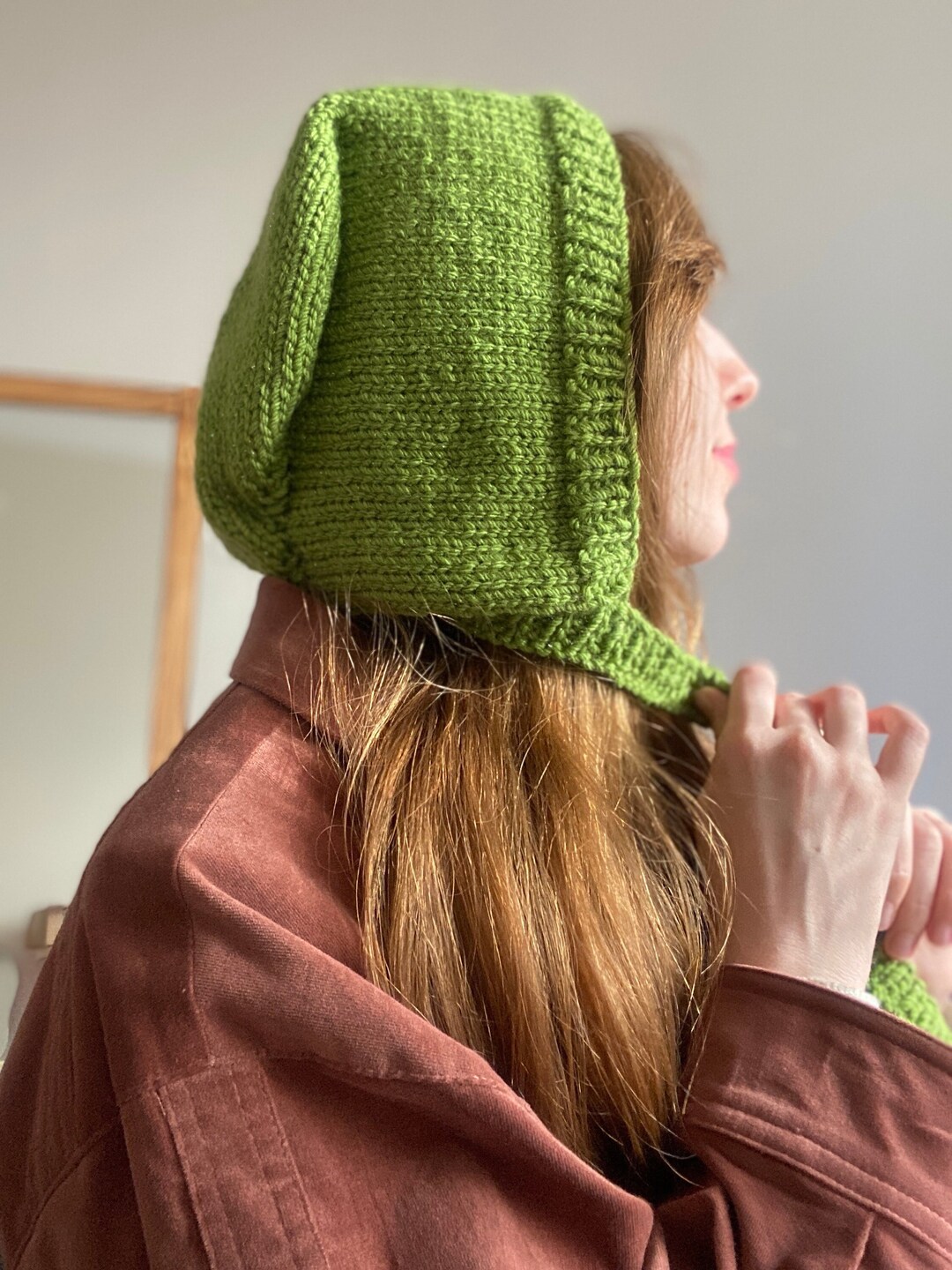 Handknit Bonnet, Green Bonnet, Knit Bonnet Hat, Handmade Winter Warm ...