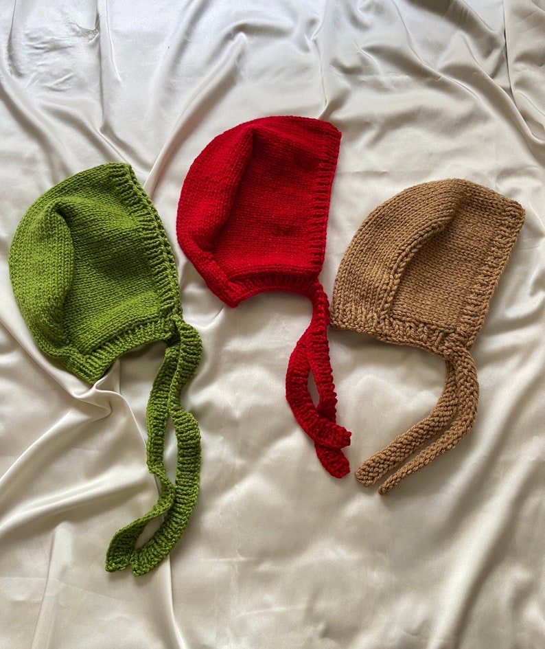 Handknit Bonnet, Red Bonnet, Bohemian Bonnet Hat, Handmade Winter Warm ...