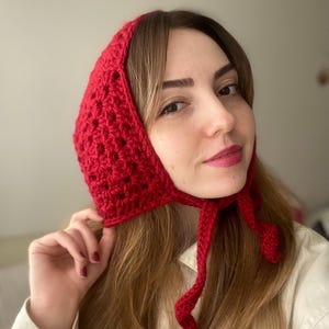 Crochet Red Bonnet, Granny Square Bonnet, Bohemian Bonnet, Handmade ...