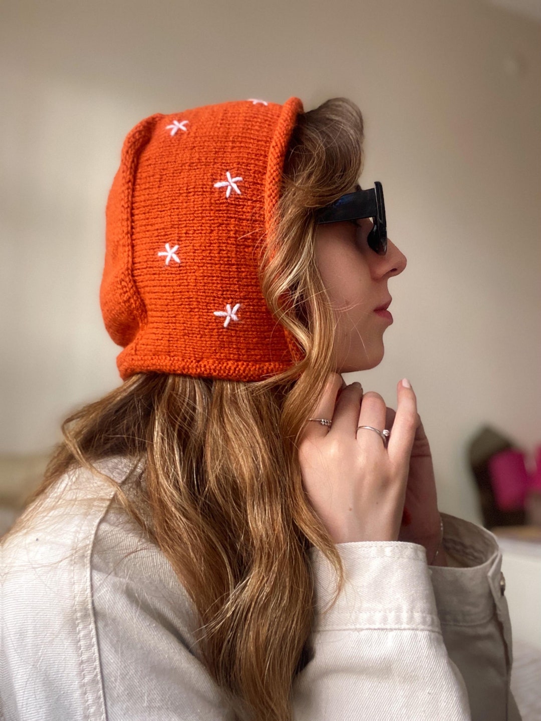 Handknit Tie Bonnet, Orange Bonnet, Unisex Bonnet, Winter Warm Hat ...