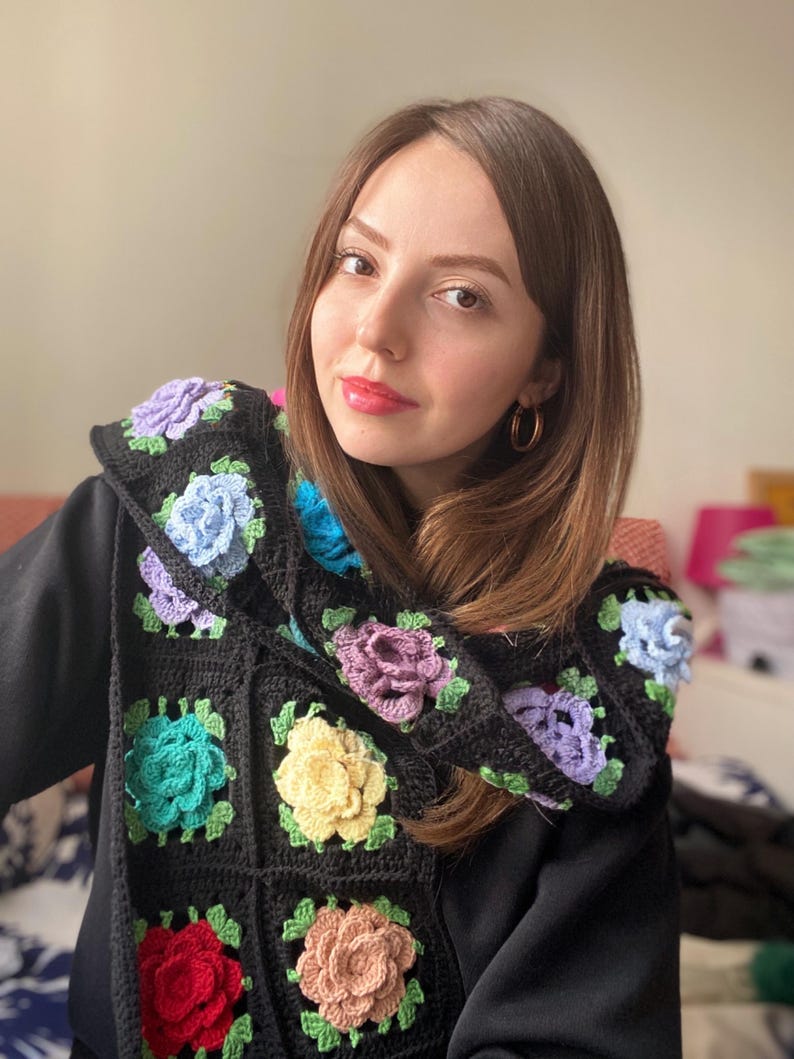Handmade Crochet Rose Scarf: 3D Floral Granny Square Shawl - Etsy