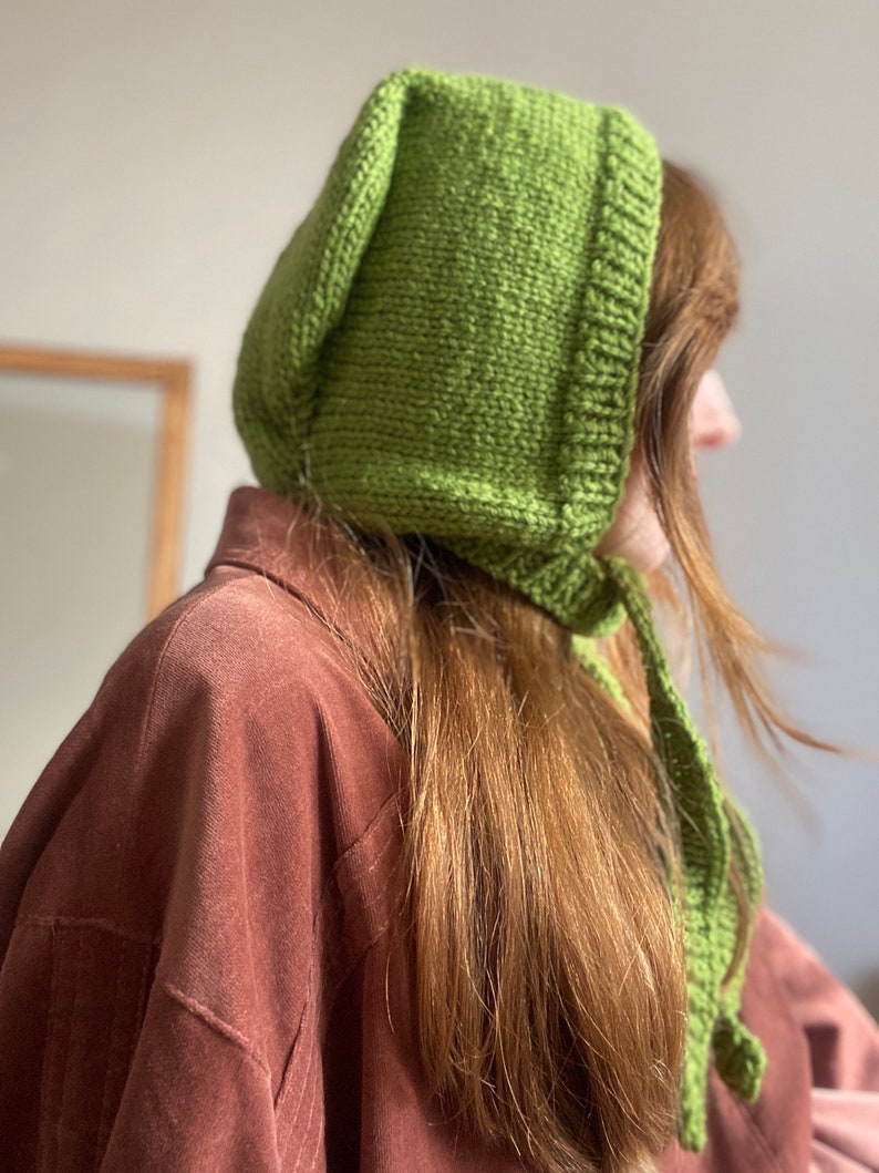 Handknit Bonnet, Green Bonnet, Knit Bonnet Hat, Handmade Winter Warm ...