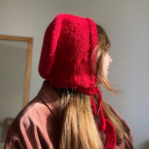 Handknit Bonnet, Red Bonnet, Bonnet Hat, Handmade Winter Warm Hat ...