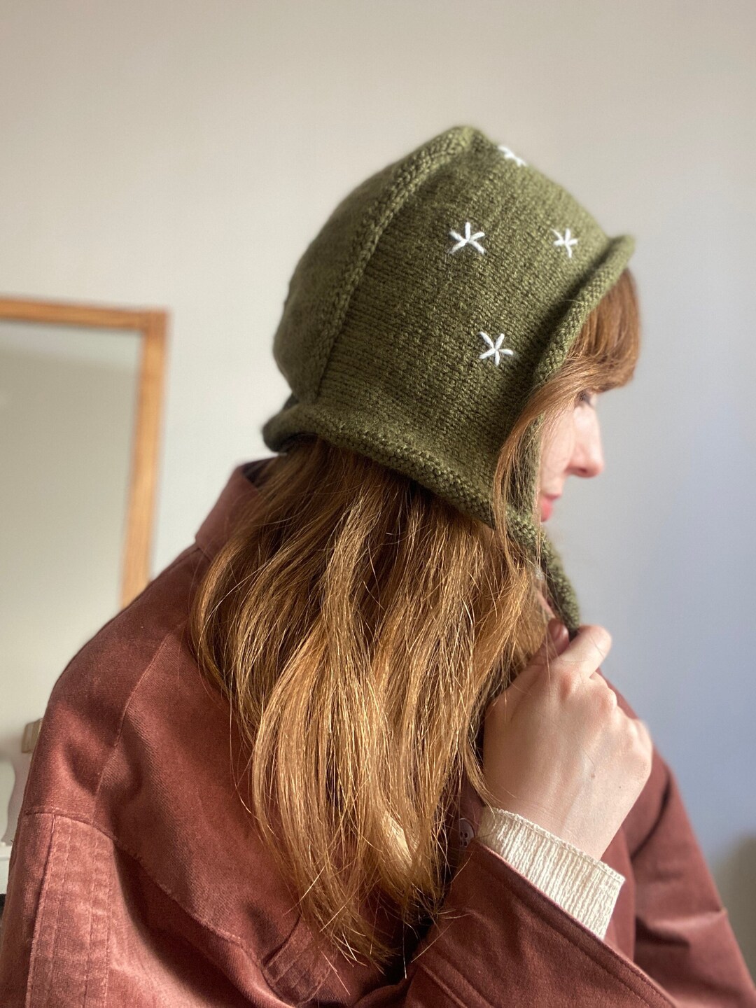 Handknit Bonnet, Dark Green Bonnet, Bohemian Floral Bonnet Hat ...