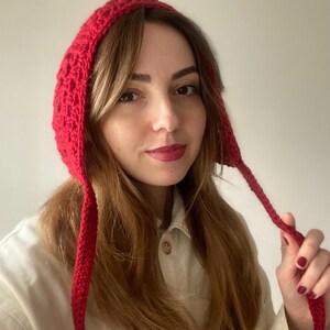 Crochet Red Bonnet, Granny Square Bonnet, Bohemian Bonnet, Handmade ...