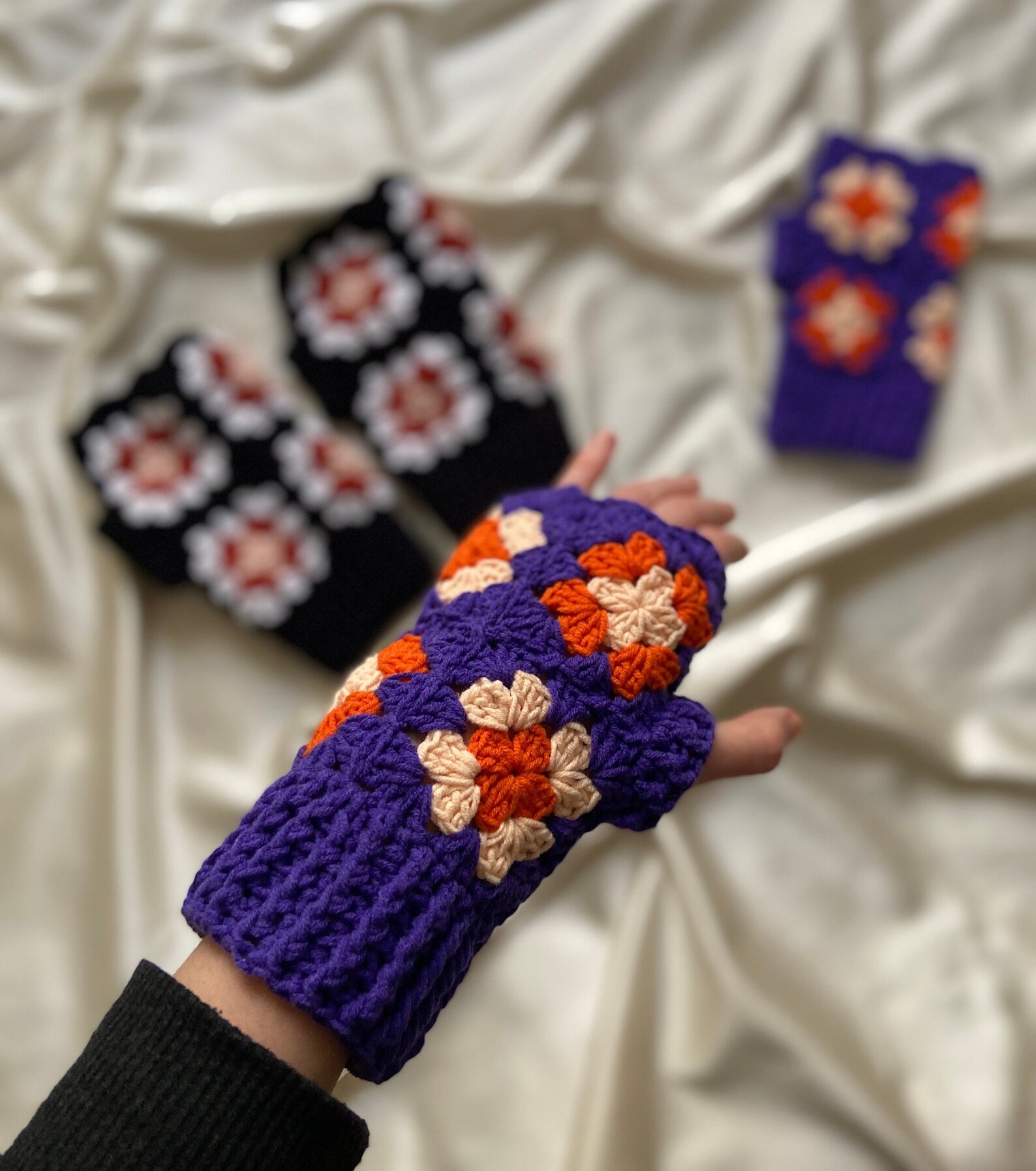 Crochet Fingerless Gloves, Granny Square Gloves, 2 Different Colors ...