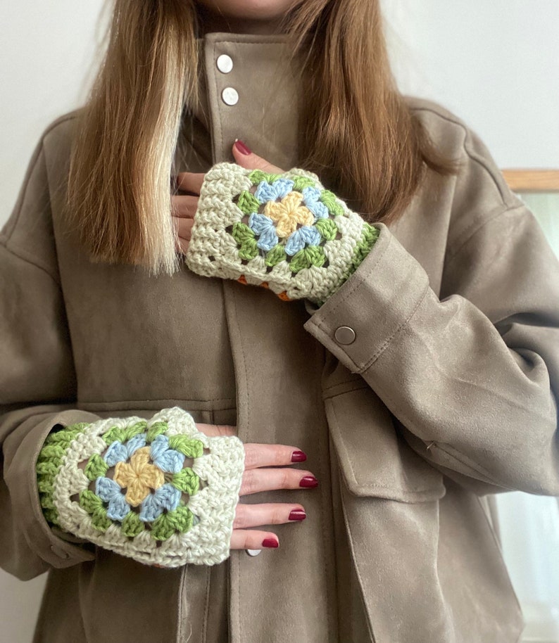 Crochet Fingerless Gloves, Granny Square Gloves, Crochet Mitten, Unisex ...