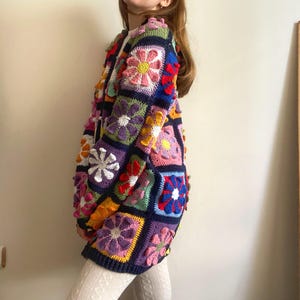 Colorful Crochet Long Cardigan, Flower Motifs Cardigan, Boho Style Knit ...