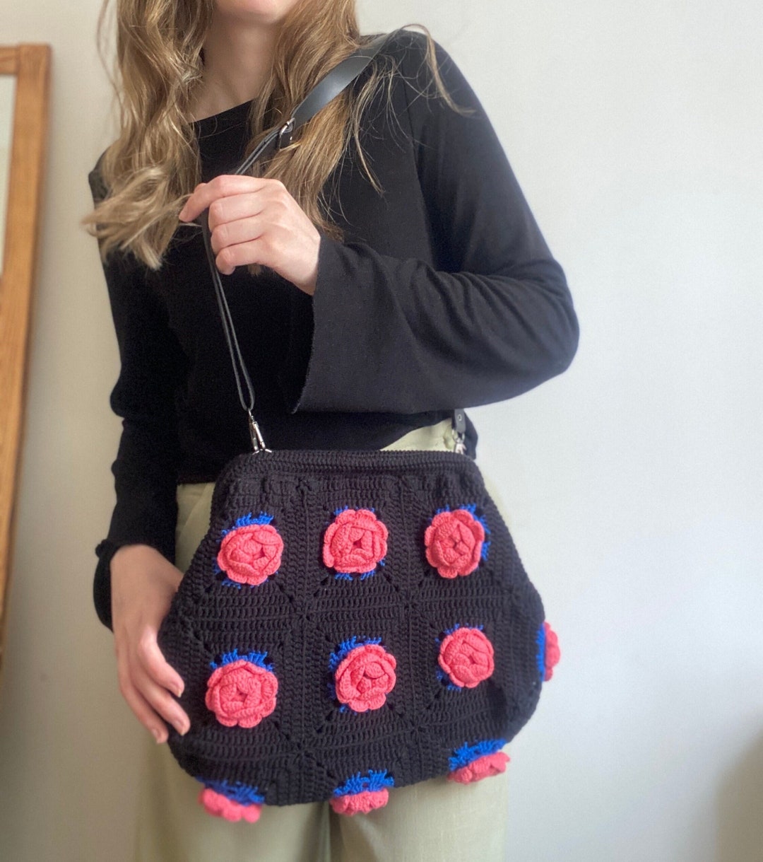 Crochet Bag, Crochet Rose Bag, Crochet Tote Bag, Black Pink Bag ...