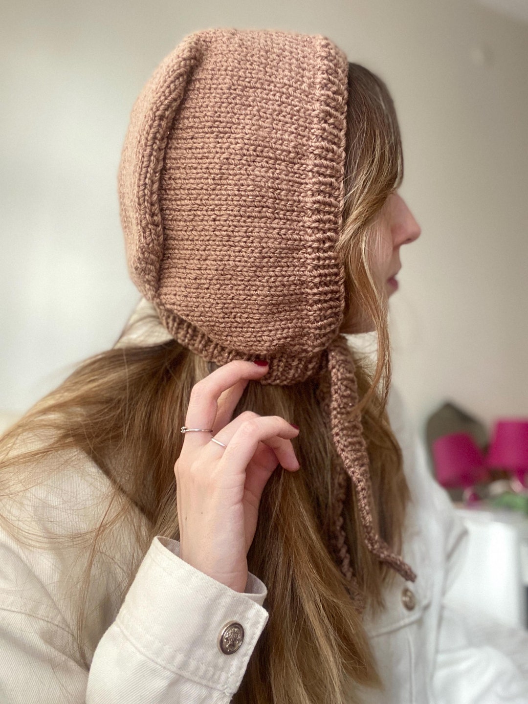 Handknit Bonnet, Tie-up Glitter Brown Bonnet, Sparkly Knit Hat, Cozy ...