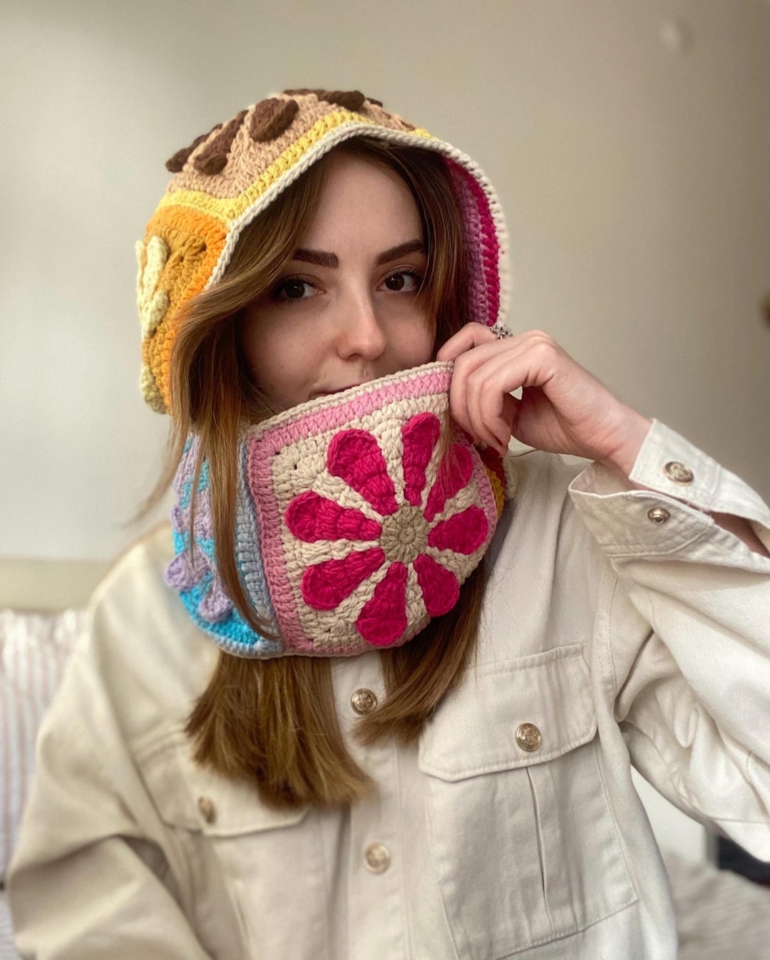 3D Flower Crochet Balaclava, Colorful Winter Hood, Handmade Floral Ski ...