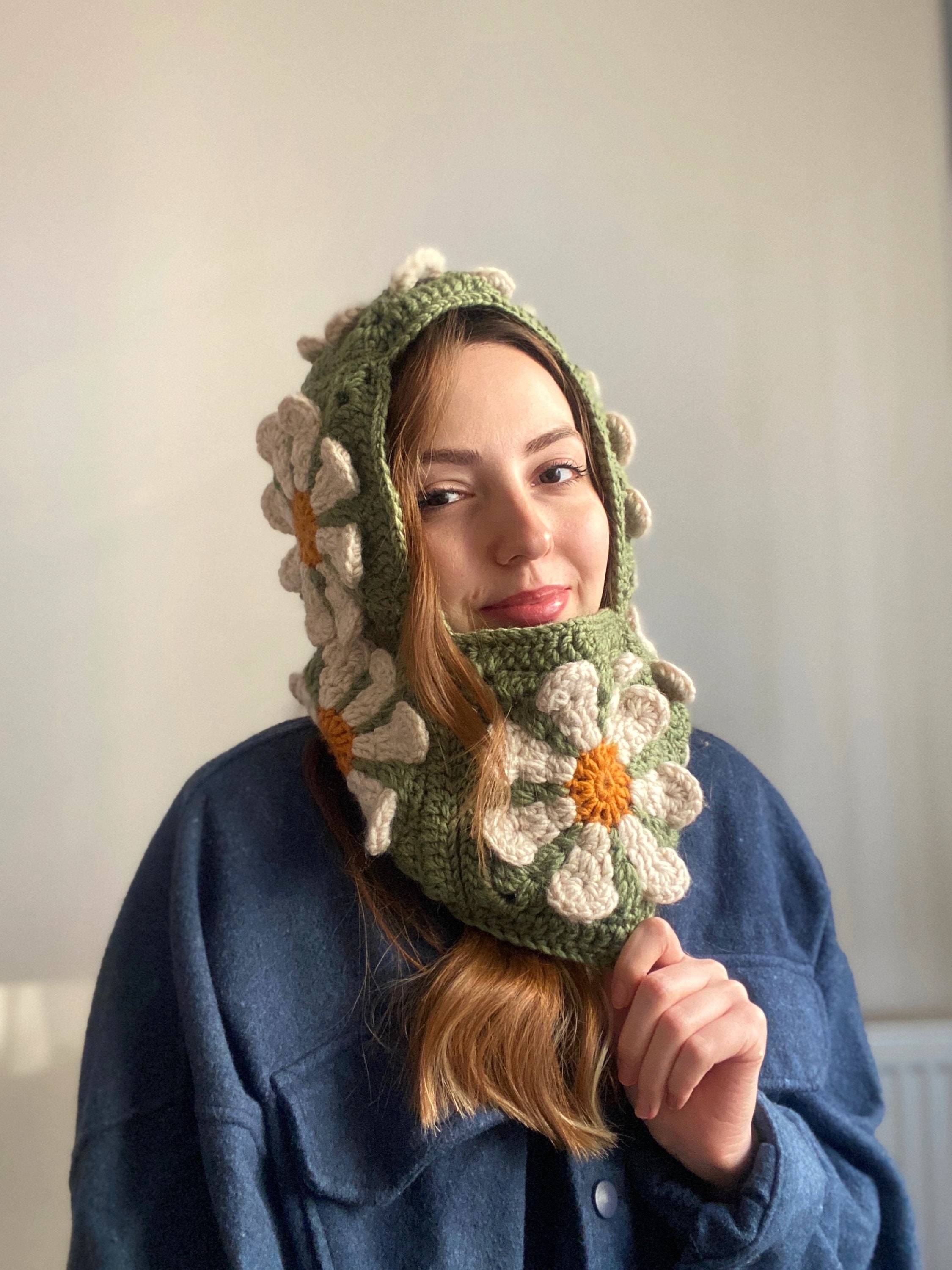 Crochet Balaclava, 3D Flower Balaclava, Green Daisy Balaclava, Bohemian ...