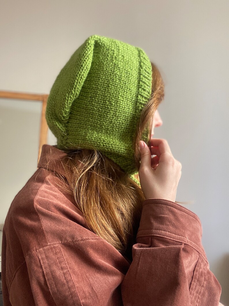 Handknit Bonnet, Green Bonnet, Knit Bonnet Hat, Handmade Winter Warm ...
